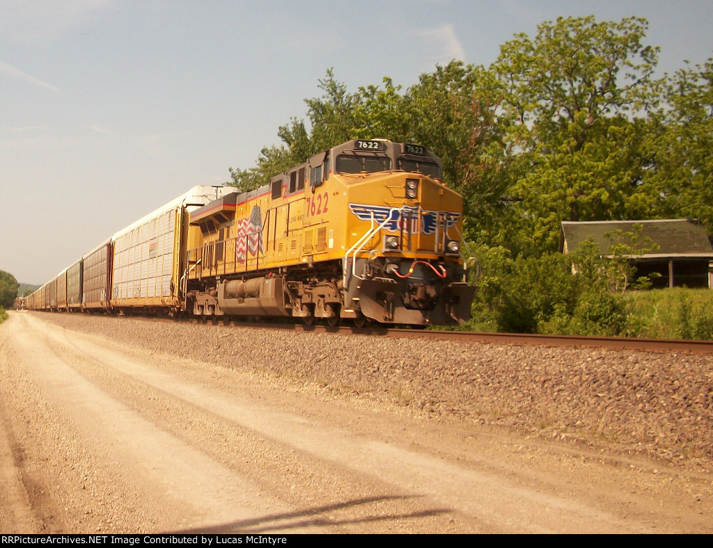 UP 7622 DPU on westbound UP loaded autorack train
